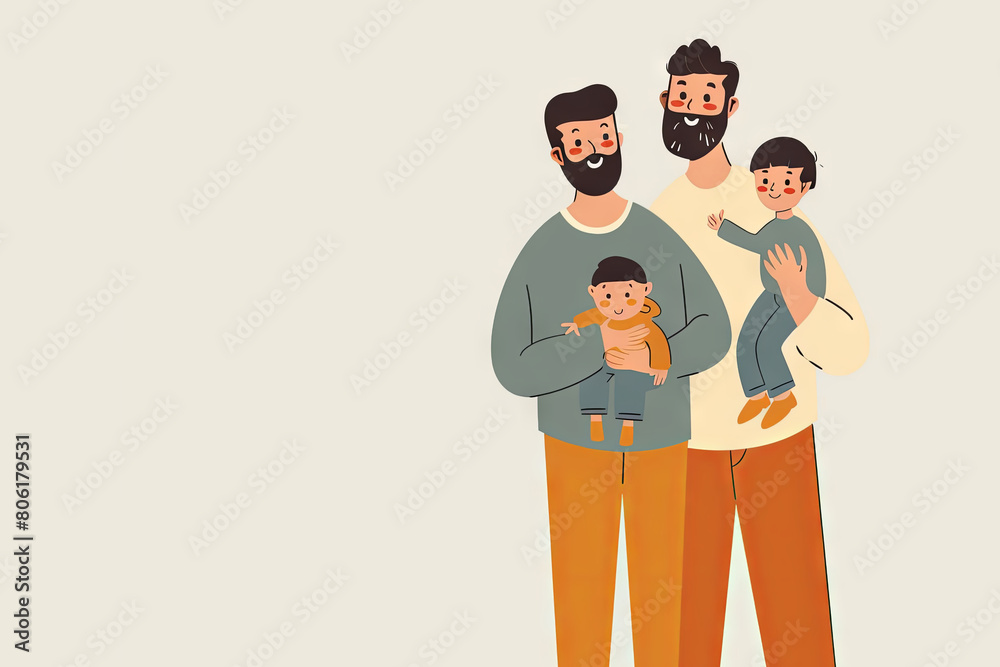 Two fathers holding their baby in their arms. place for text. happy ...