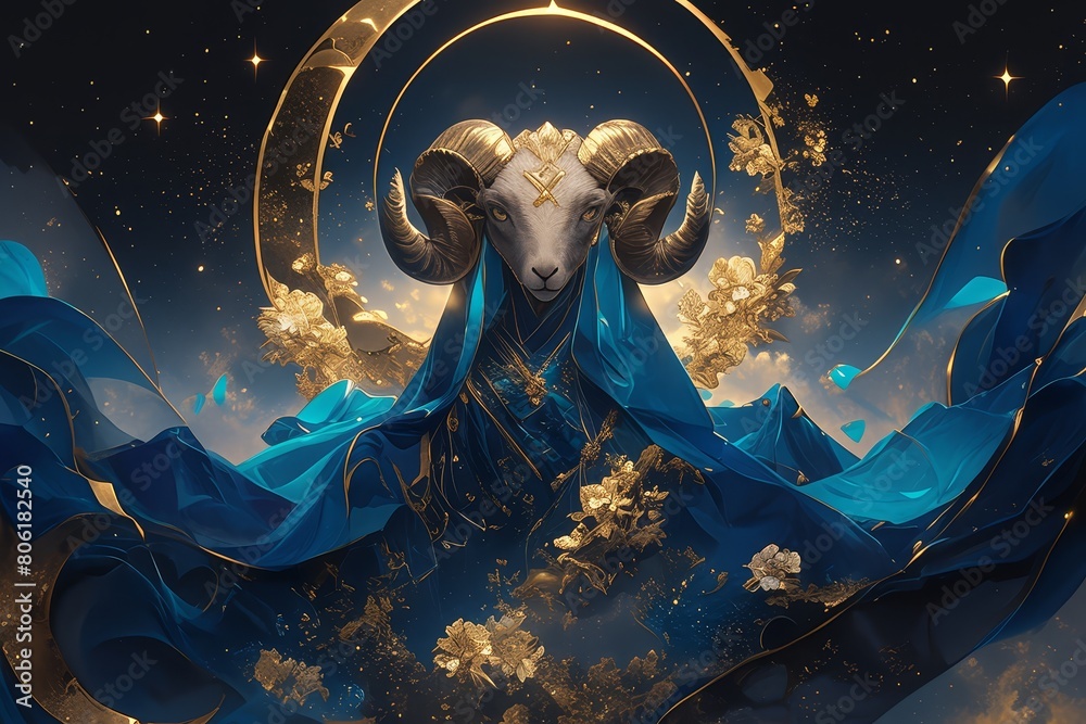 Aries zodiac sign, surrounded by stars and cosmic elements. The ram's ...