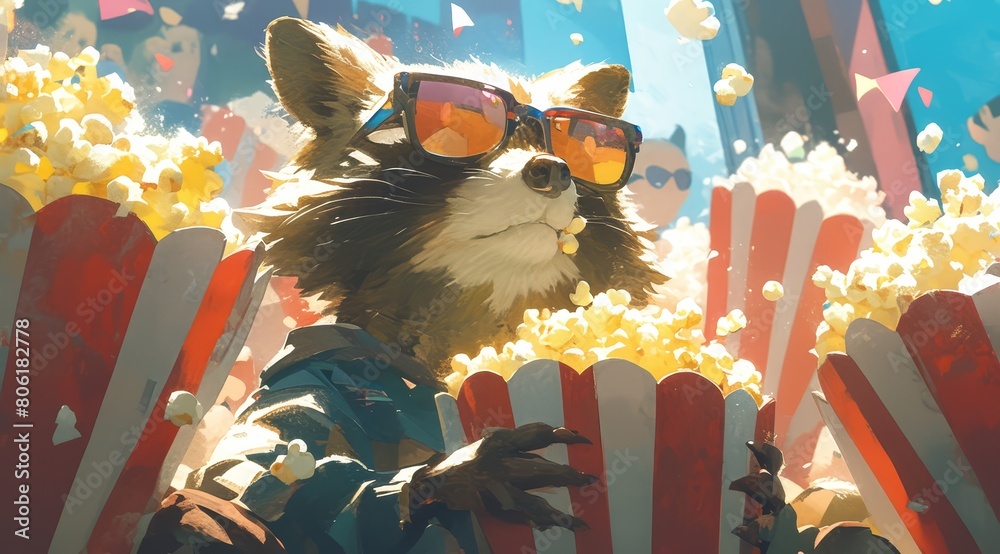 Raccoon wearing sunglasses eating popcorn in front of movie theater ...