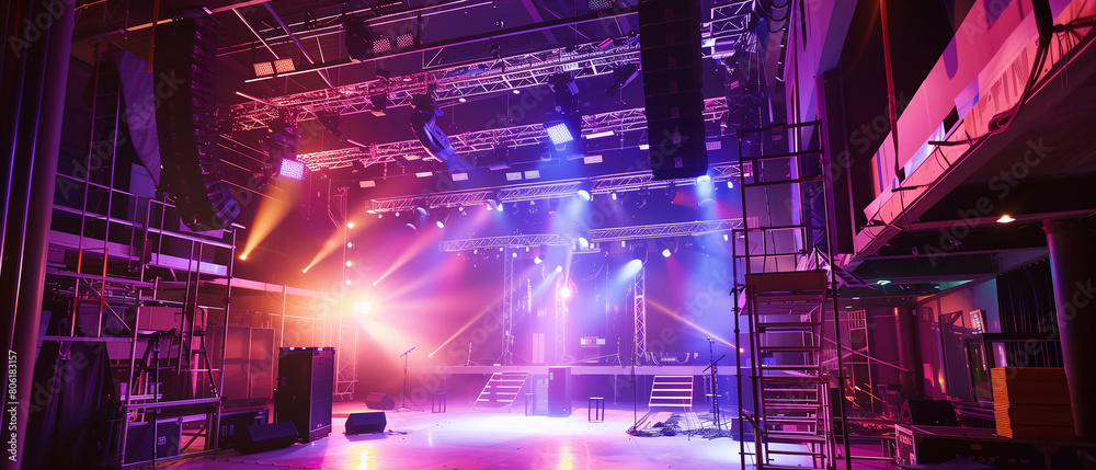 Live stage being prepared in center stage venue with rigging equipment ...