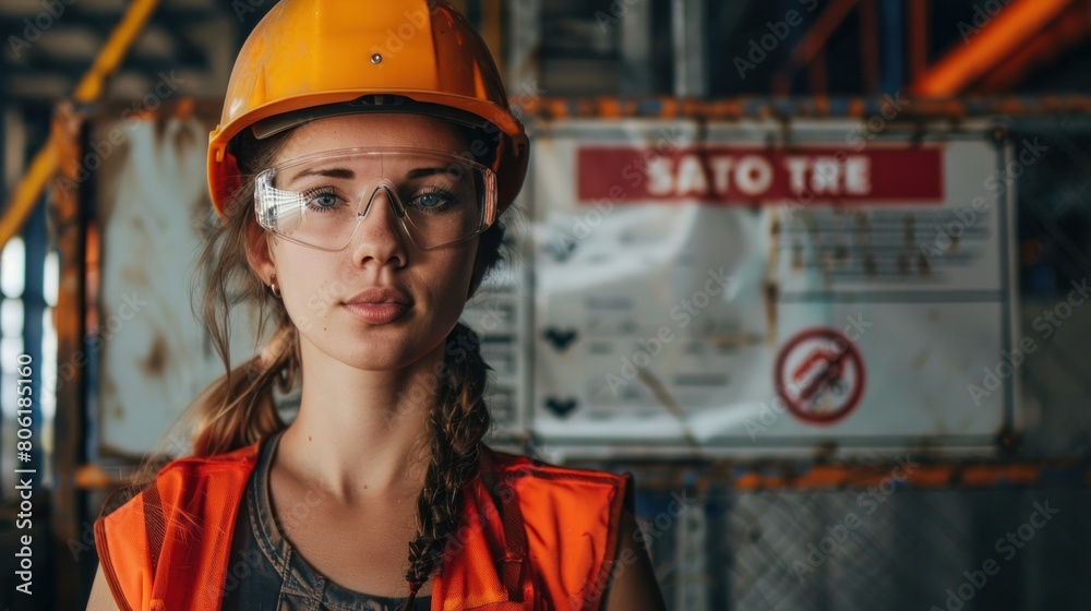 ภาพประกอบสต็อก Safety First: The young woman wearing a hard hat and ...