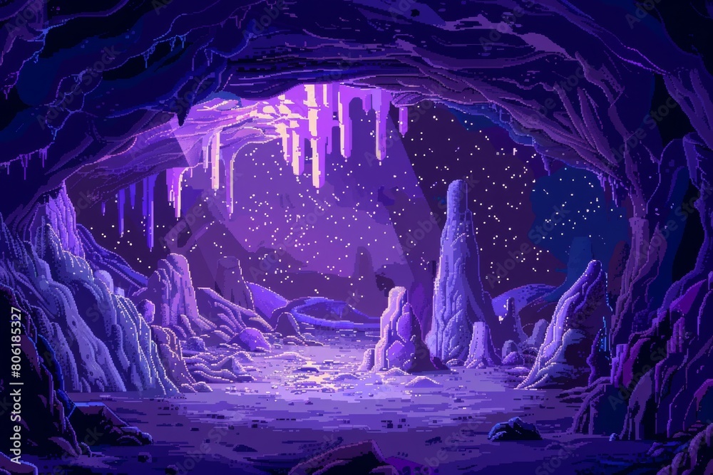 Enchanted 8-bit pixel art cave with purple hues and star-like speckles ...