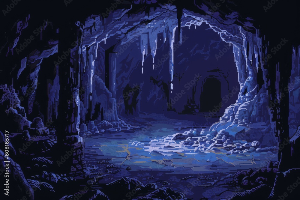 Mysterious 8-bit pixel art cave with icy stalactites and a serene ...