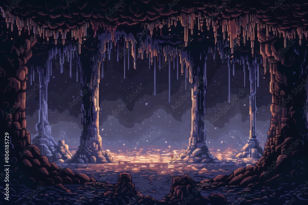 Pixel-art cavern with rich details and golden light filtering through ...