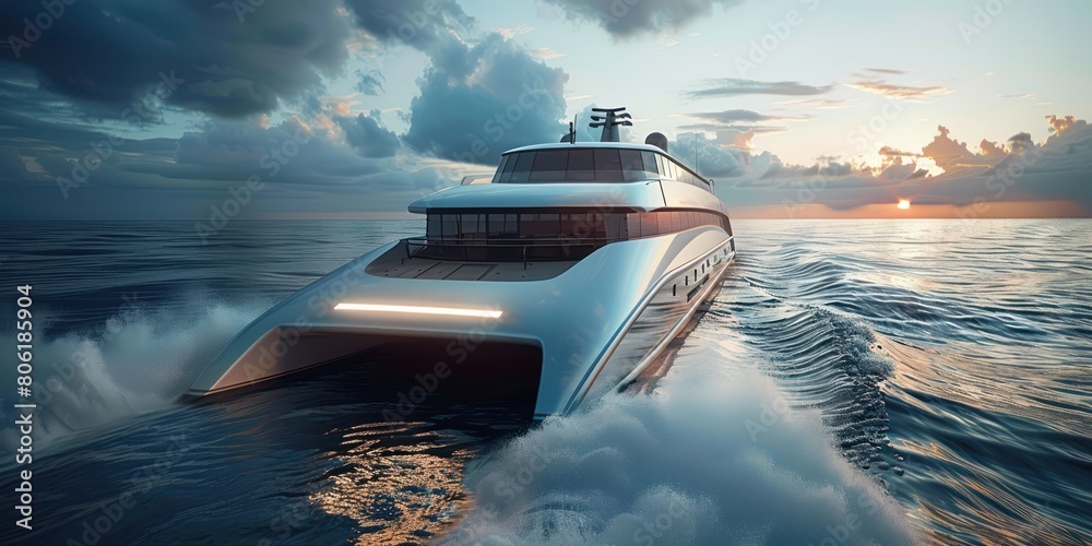 A futuristic catamaran yacht with a sleek silver hull and luxurious ...