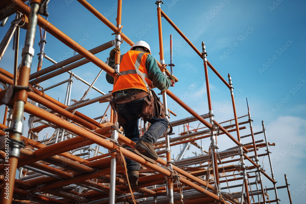 Scaffolding erector assembling a framework for tall structures ...