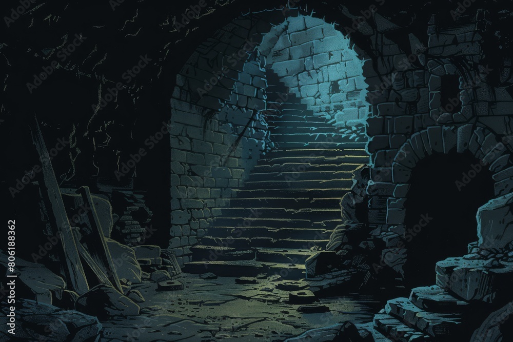 Eerie dungeon staircase with subtle light rays, concept of mystery and ...