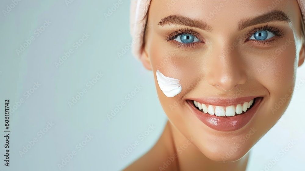 Beautiful woman smile use cream for good skin. face of a healthy woman ...