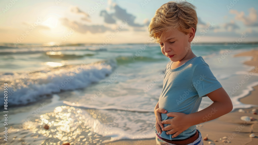 upset boy holding his sore stomach on the beach, diarrhea, poisoning ...