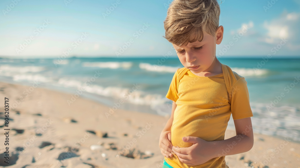 upset boy holding his sore stomach on the beach, diarrhea, poisoning ...