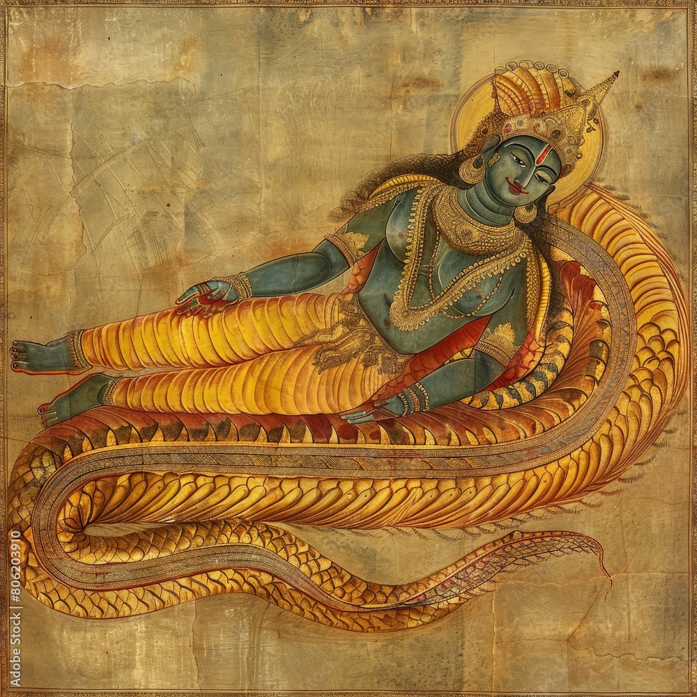 Traditional Indian miniature painting depicting Vishnu, the Hindu god ...