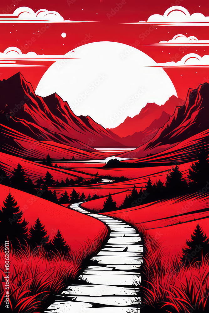 Landscape vector red comic style background design Stock Illustration ...