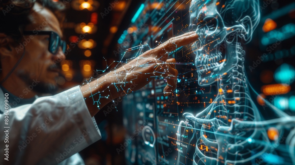 The doctor scans the patient, whose structure is reflected on a large ...