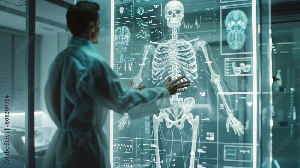 The doctor scans the patient, whose structure is reflected on a large ...