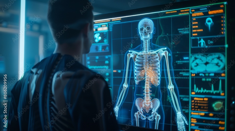 The doctor scans the patient, whose structure is reflected on a large ...