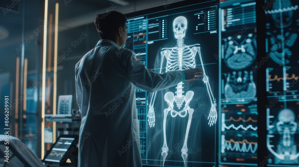 The doctor scans the patient, whose structure is reflected on a large ...