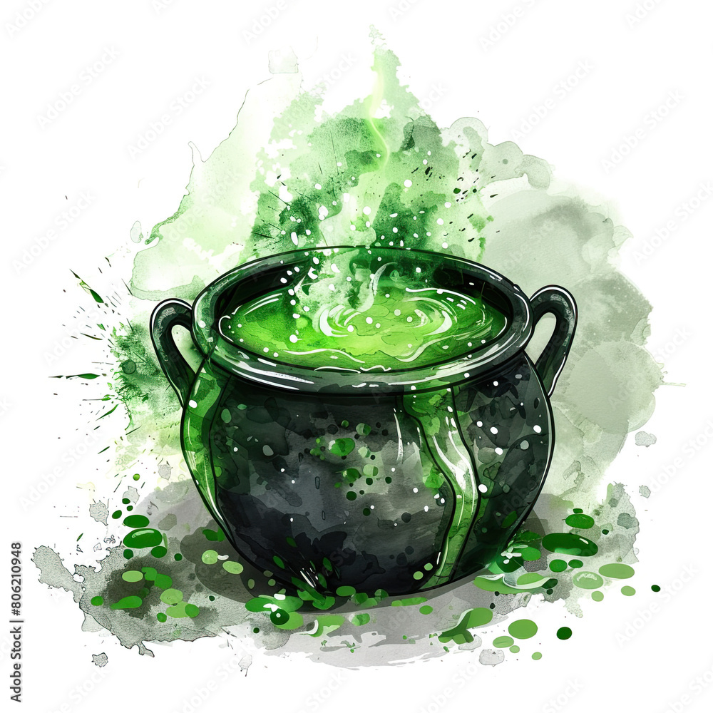 Cauldron with green magic boiling potion toxic poison soup , isolated ...
