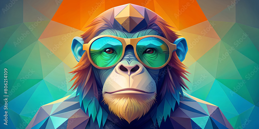 Colourful and geometrically stylized depiction of an orangutan wearing ...