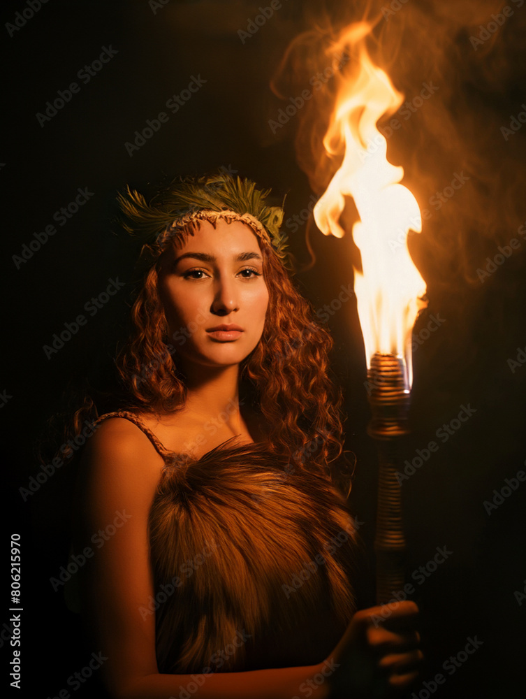 Woman with long red hair and burning torch, yellow flame dancing in the ...
