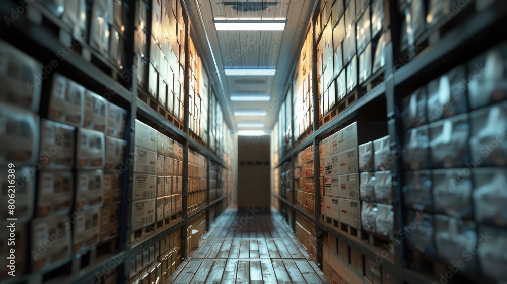 Perspective view inside a semi-truck trailer filled with boxed goods ...