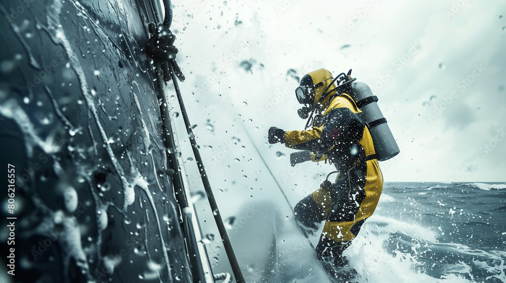 Diver jumping into the water to explore the sea The water waves that ...