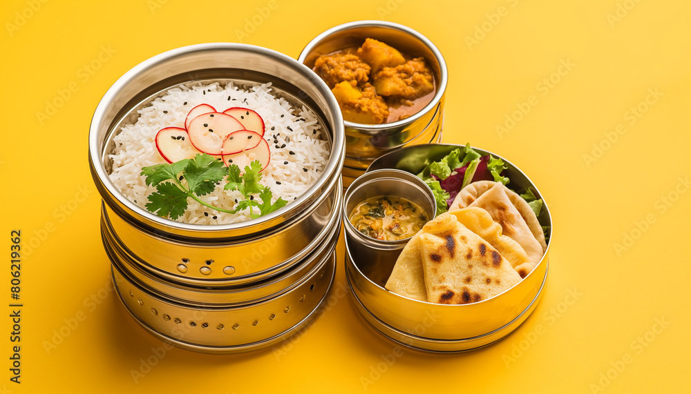 An indian tiffin with maharashtrian food menu like roti, dal tadka ...