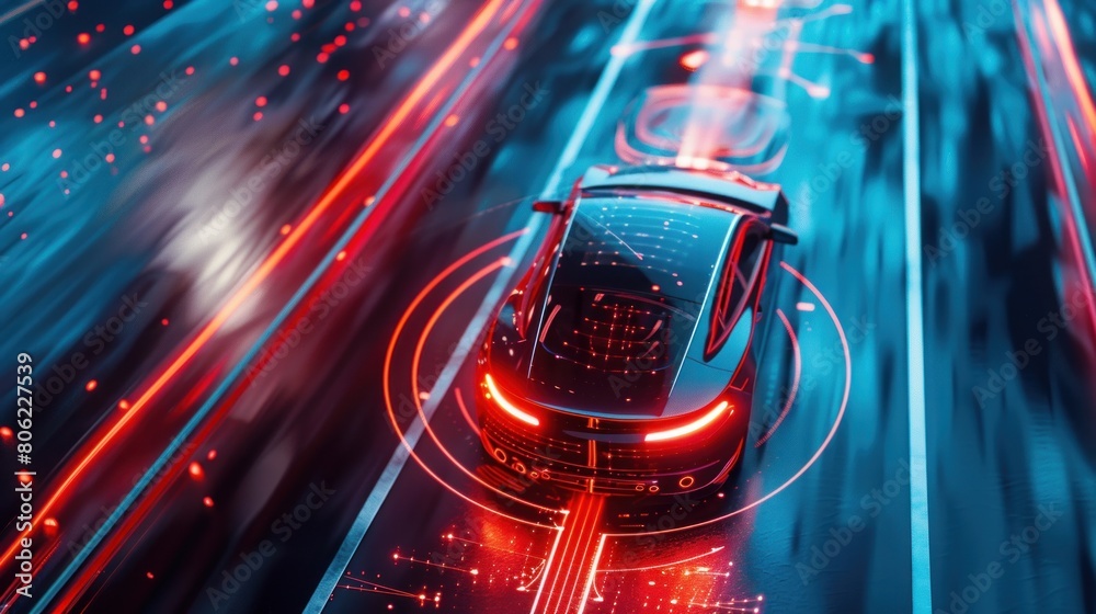 An autonomous smart car equipped with advanced technology, scanning the ...