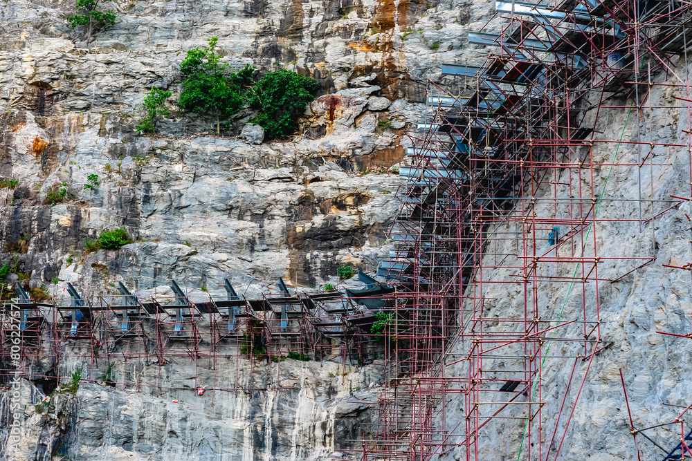 Beautiful view of build structure skywalk bridge on cliff mountain in ...