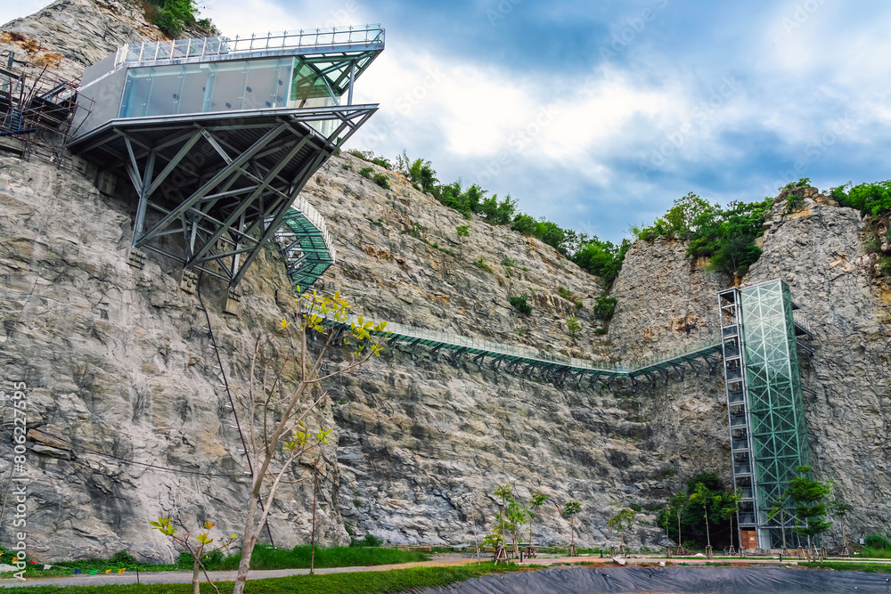 Beautiful view of build structure skywalk bridge on cliff mountain in ...