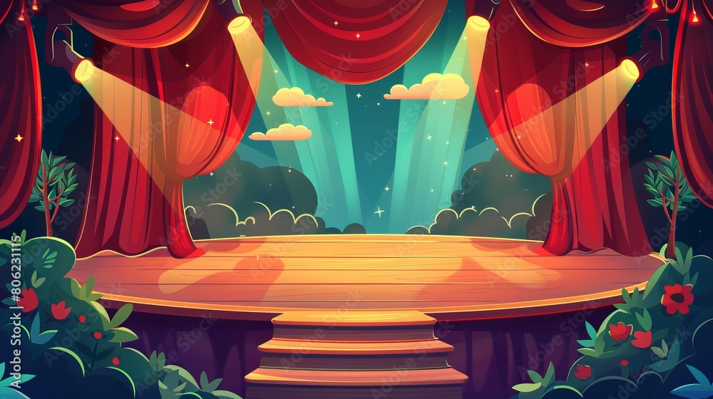 Theater stage with red curtains and spotlights. Vector cartoon ...