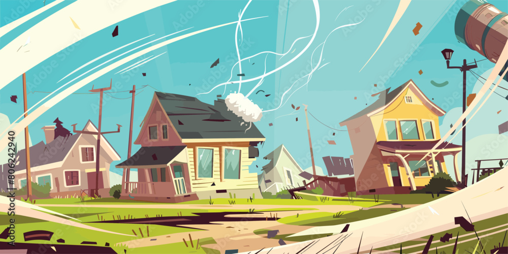 Devastating Tornado: Cartoon Vector Illustration of Twister Crashing ...