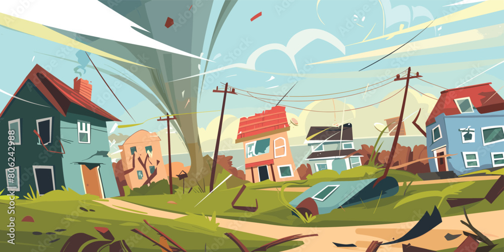 Devastating Tornado: Cartoon Vector Illustration of Twister Crashing ...