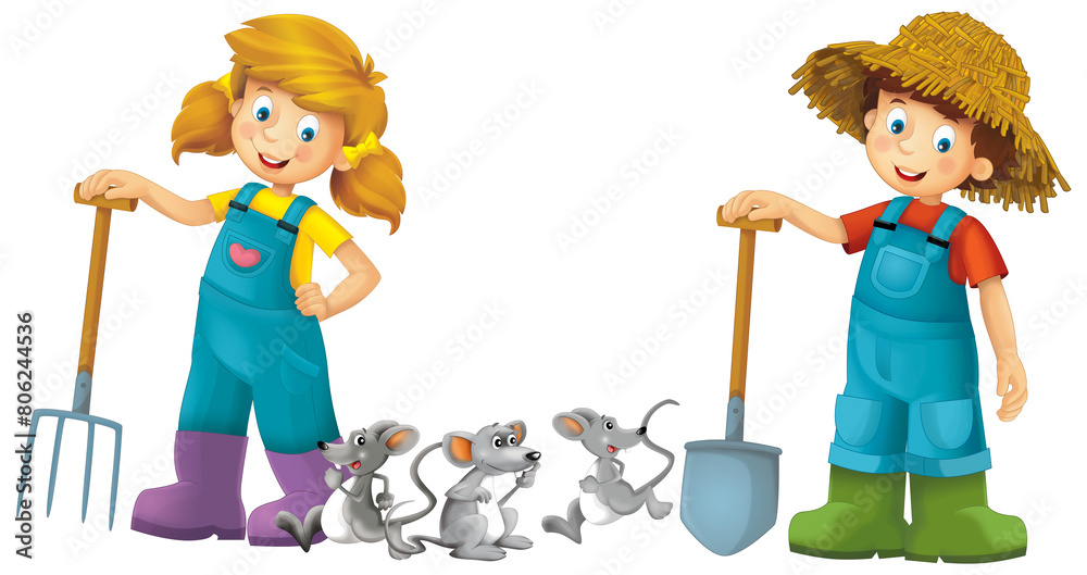 cartoon scene with farmer girl and boy standing with pitchfork and farm ...