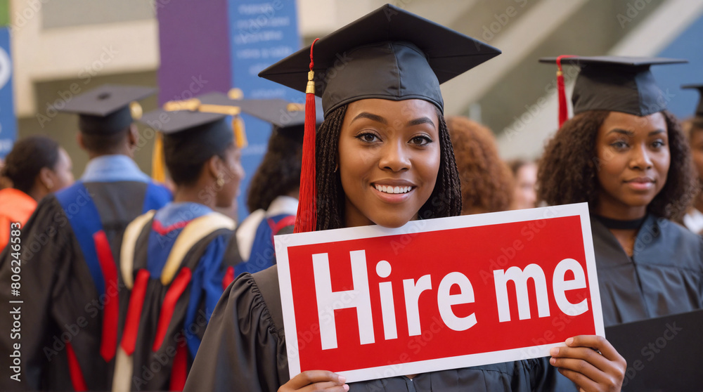 Young black woman student holding sign "Hire me" and looking for work ...