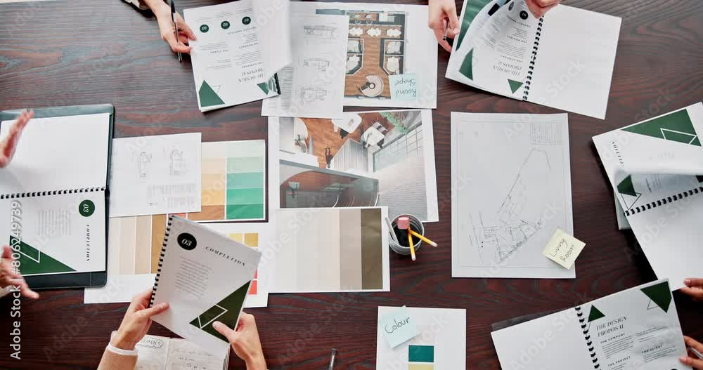 Planning, palette and above of business people for interior design ...