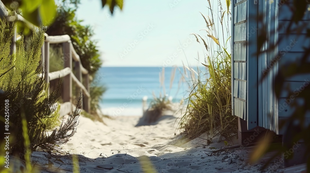 Beach house, sandy path leading to water close-up, footsteps to the sea ...