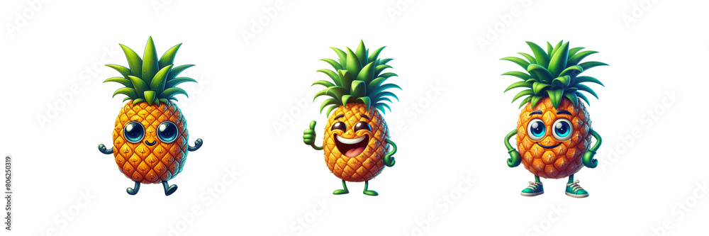 Set of illustration of a pineapple with laughing face, big eyes, arms ...