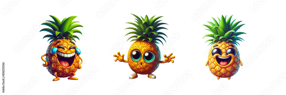 Set of illustration of a pineapple with laughing face, big eyes, arms ...