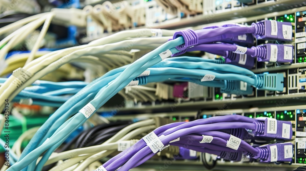 Patch panel in a technology hub, close-up, detailed focus on plugged in ...