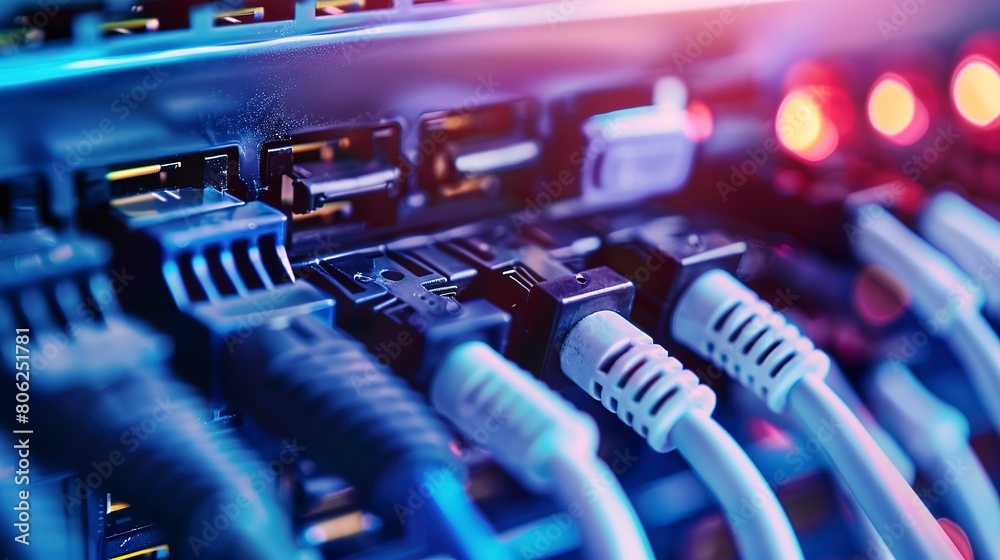 Patch panel in a technology hub, close-up, detailed focus on plugged in ...