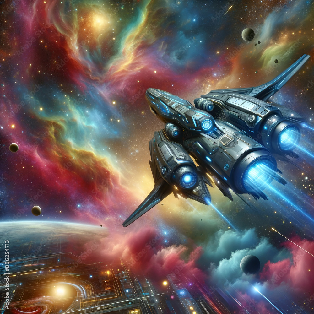 dynamic outer space scene featuring a futuristic spaceship traveling ...