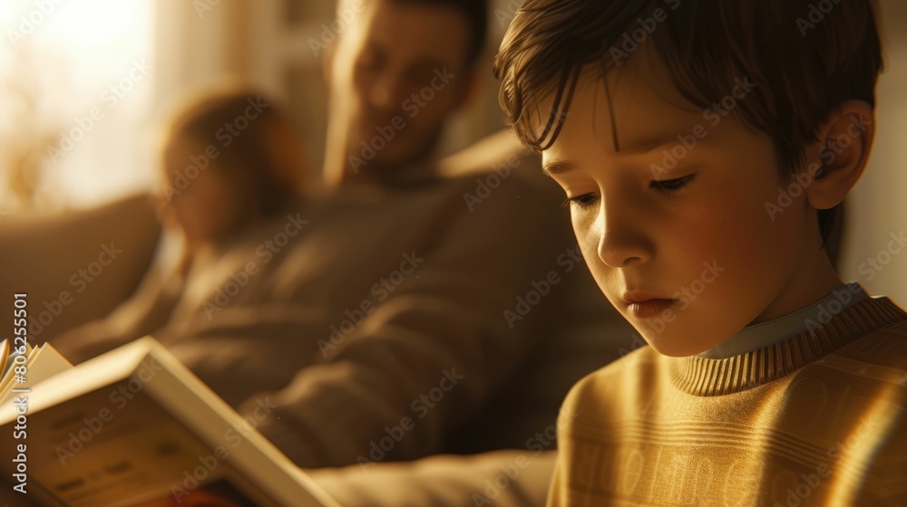 The close up picture of the kid focusing on reading book and blur ...