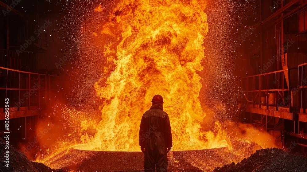 A glowing steel smelting furnace in full operation casts a fiery light ...