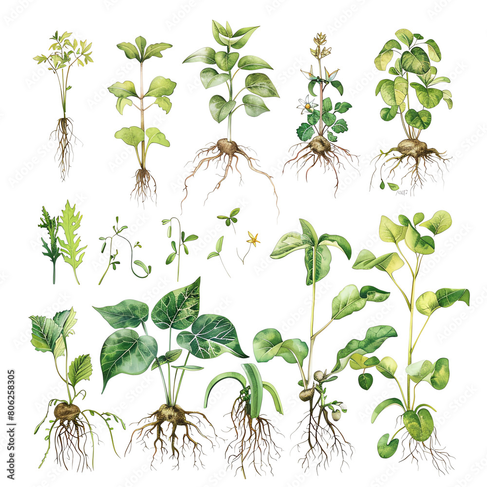 The image shows different types of plants with their root systems ...