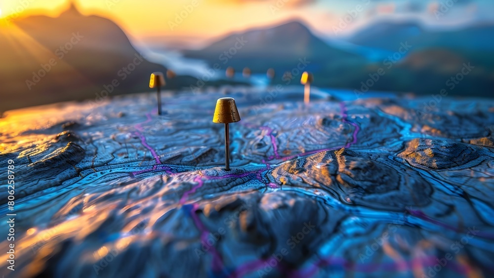 Discover routes with location pins on a map for adventure exploration ...