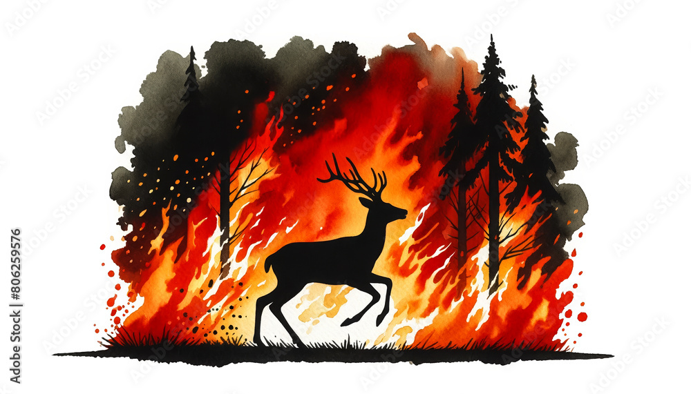 Silhouette of a deer escaping a forest fire, illustrating concepts of ...