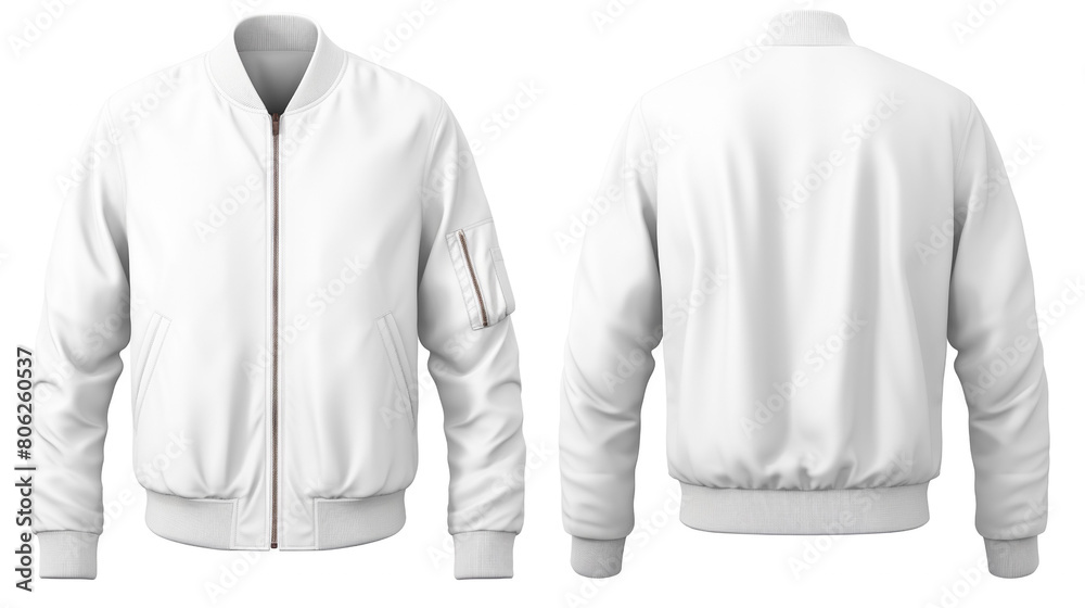 Blank jacket bomber white color in front and back view isolated on ...