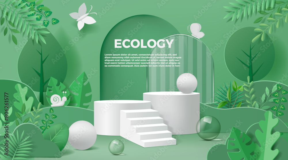 Green background. Eco tree banner with organic product podium in garden ...