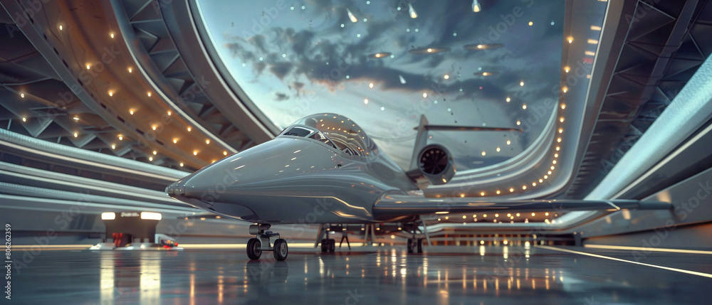 Sleek spacecrafts line up at a futuristic spaceport with advanced ...