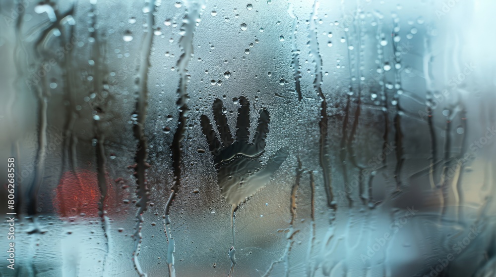 Desperate handprint on a cold, rain-drenched window conveying a silent ...